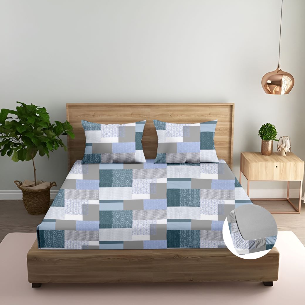 100% Cotton 144TC Printed Fitted Bedsheet with Pillow Covers -Abstract ...